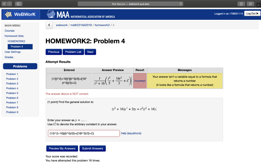 Solved Not Secure - webwork.aud.edu ů O - WebWork Logged in | Chegg.com