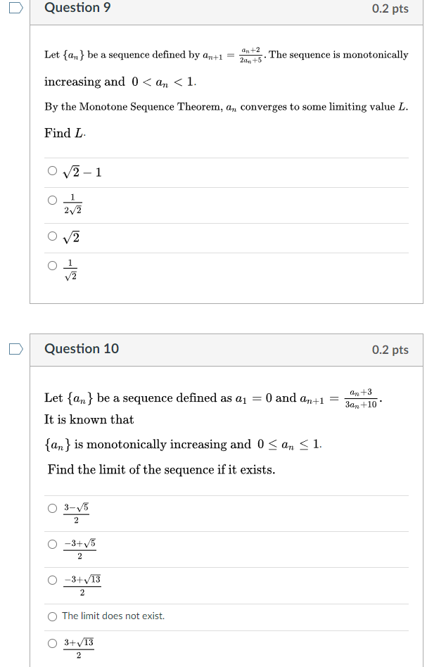 Solved Question 9 0.2 pts Let {an} be a sequence defined by | Chegg.com
