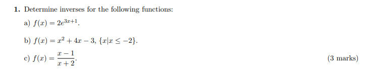 Solved 1. Determine inverses for the following functions: a) | Chegg.com