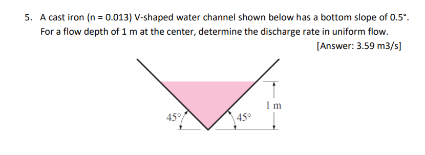 Solved 5. A cast iron (n 0.013) V-shaped water channel shown | Chegg.com