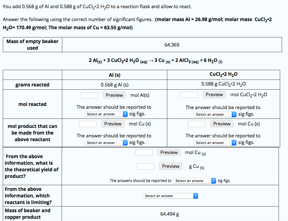 Solved You add 0.568 g of Al and 0.588 g of CuCl2:2 H20 to a | Chegg.com