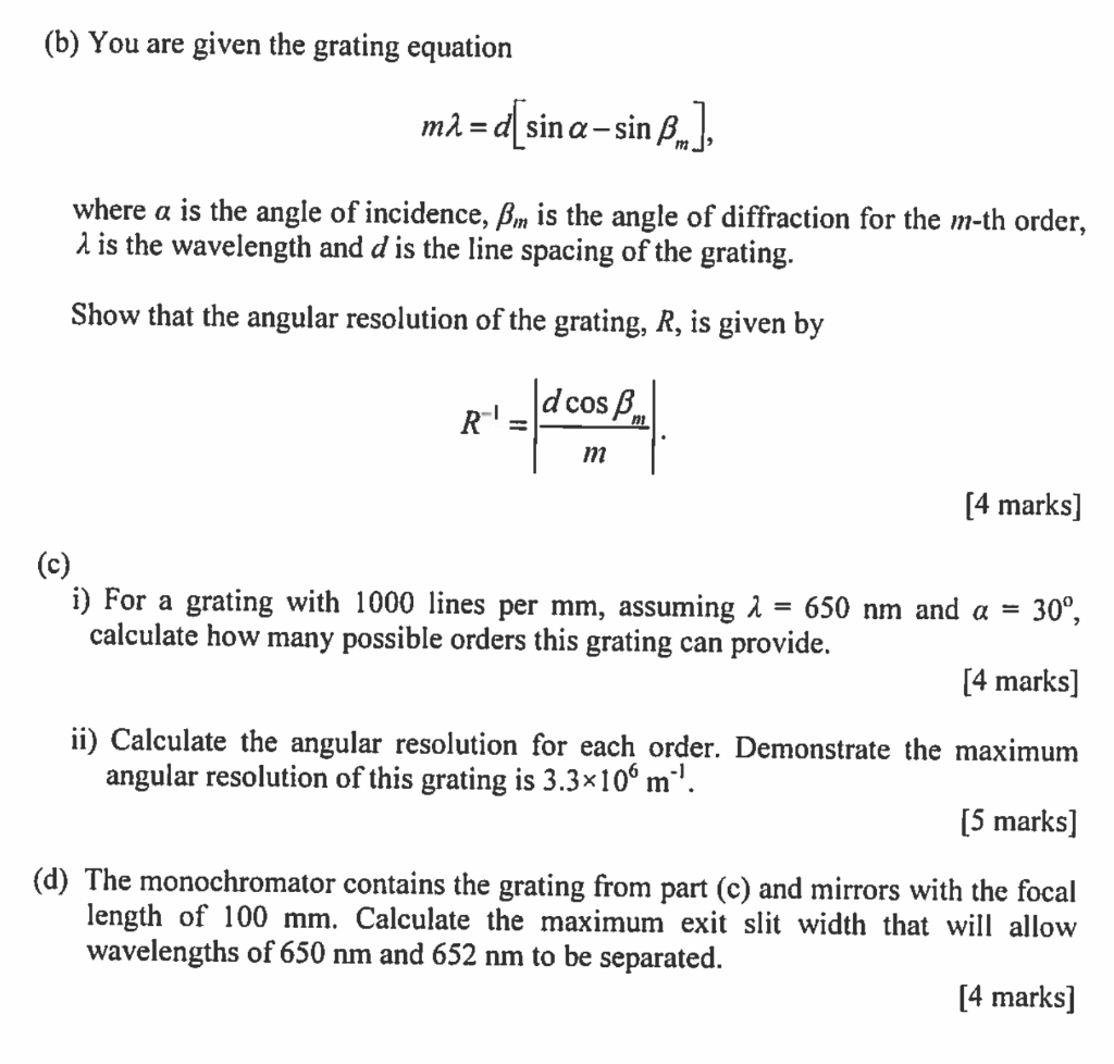 Solved (b) You are given the grating equation m2 = d[sin | Chegg.com