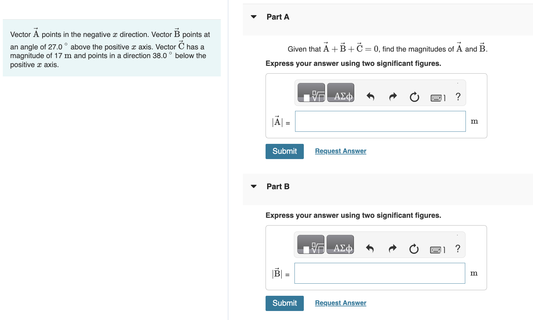Solved Vector A points in the negative x direction. Vector B | Chegg.com