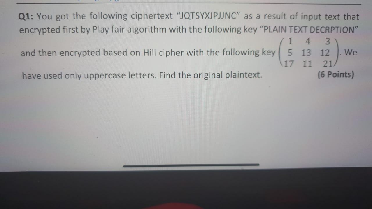 Solved Q1: You got the following ciphertext “IQTSYXJPJJNC" | Chegg.com