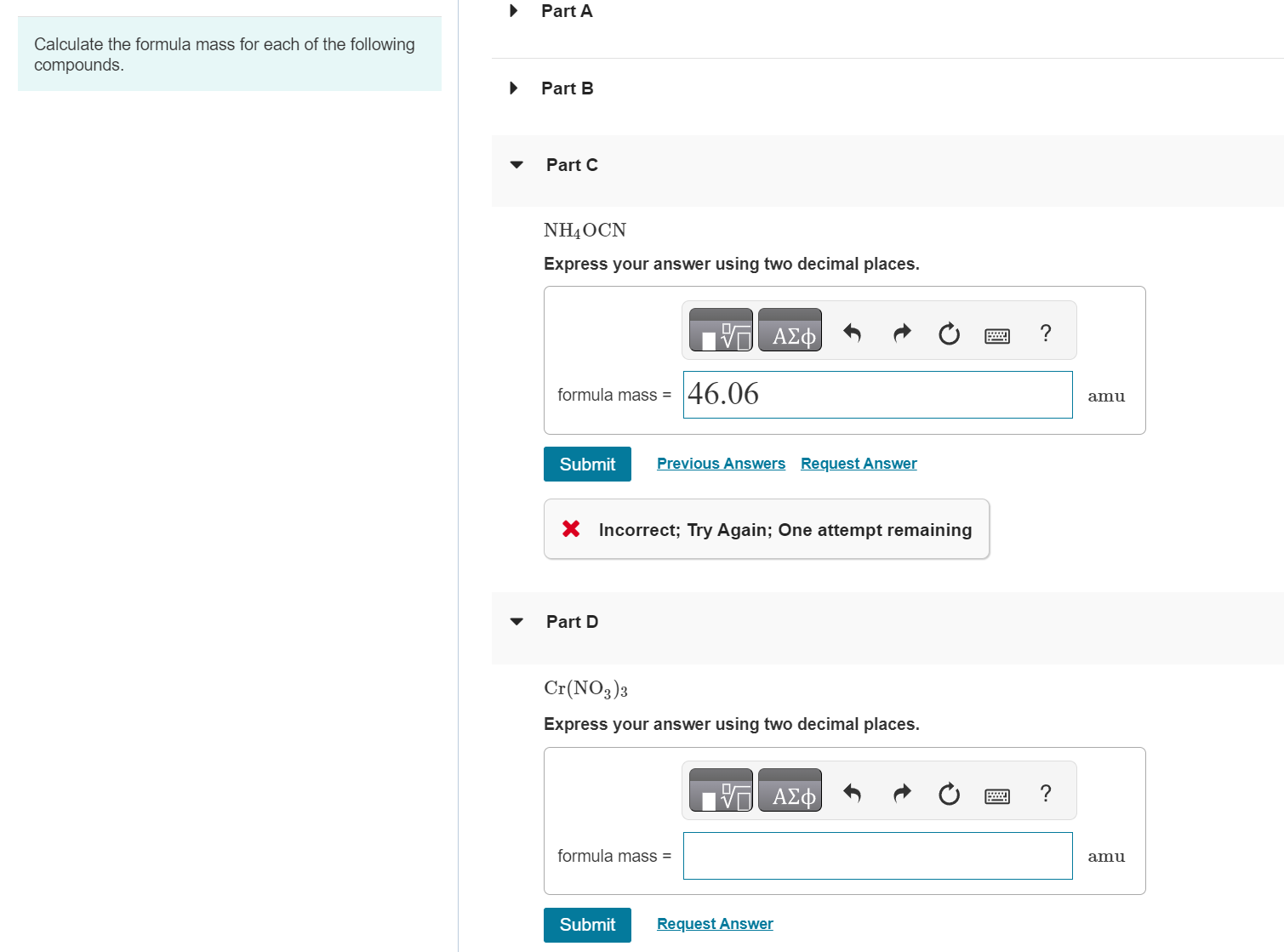 Solved Part ACalculate the formula mass for each of the | Chegg.com