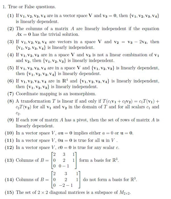 Solved 1. True or False questions. (1) If V1, V2, V3, V4 are | Chegg.com