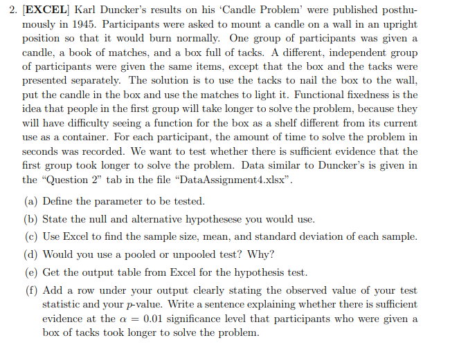 Solved 2. EXCEL) Karl Duncker's results on his 'Candle | Chegg.com