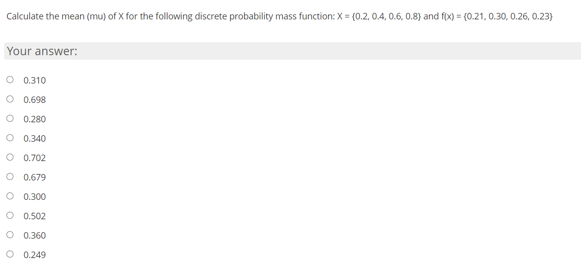 Solved Calculate the mean (mu) of X for the following | Chegg.com