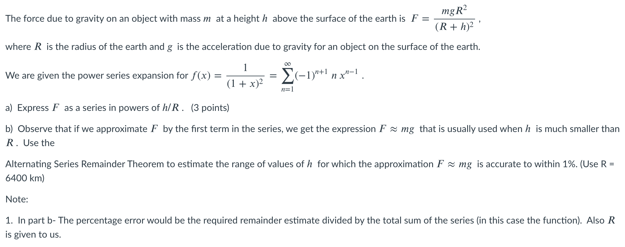 Solved The force due to gravity on an object with mass m at | Chegg.com