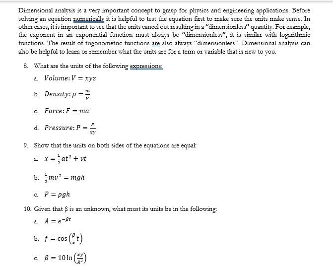 Solved Dimensional analysis is a very important concept to | Chegg.com