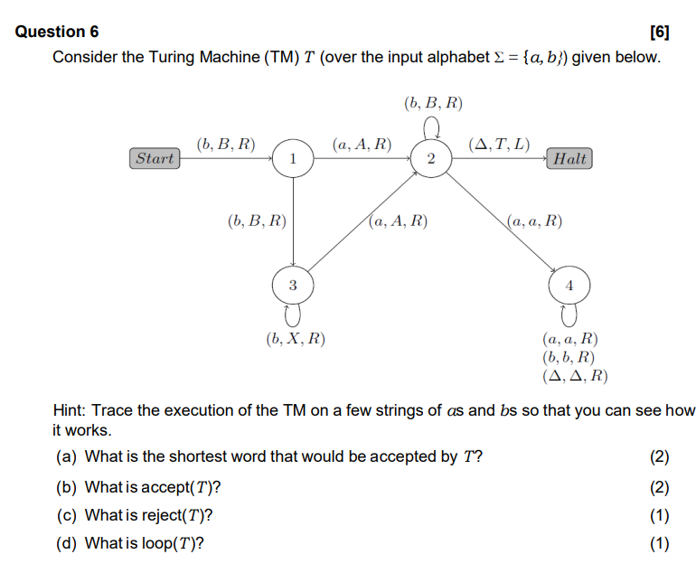 Solved Question 6 [6] Consider the Turing Machine (TM) T | Chegg.com