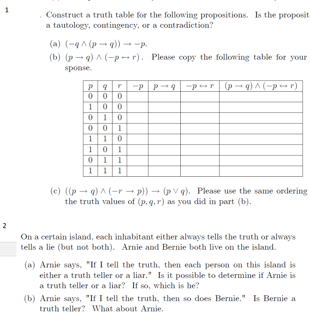 Solved 1 Construct a truth table for the following | Chegg.com