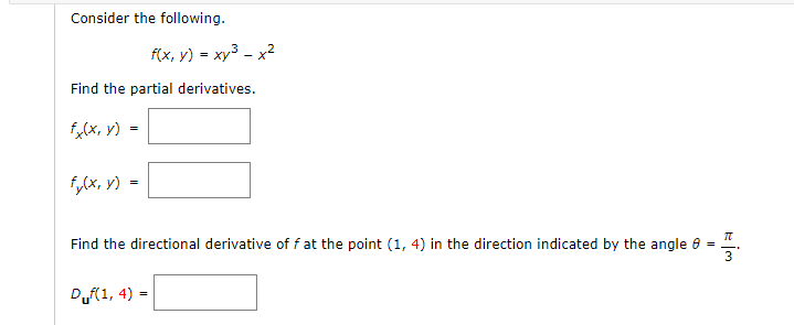 Solved Consider the following.f(x,y)=xy3-x2Find the partial | Chegg.com