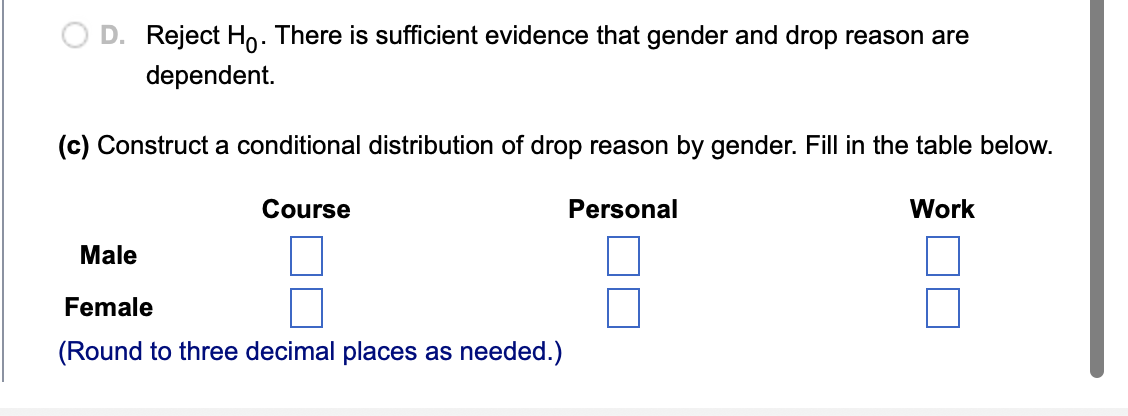 Solved (b) Test whether gender is independent of drop reason | Chegg.com
