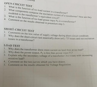 Solved OPEN CIRCUIT TEST 1. What is the function of no-load | Chegg.com