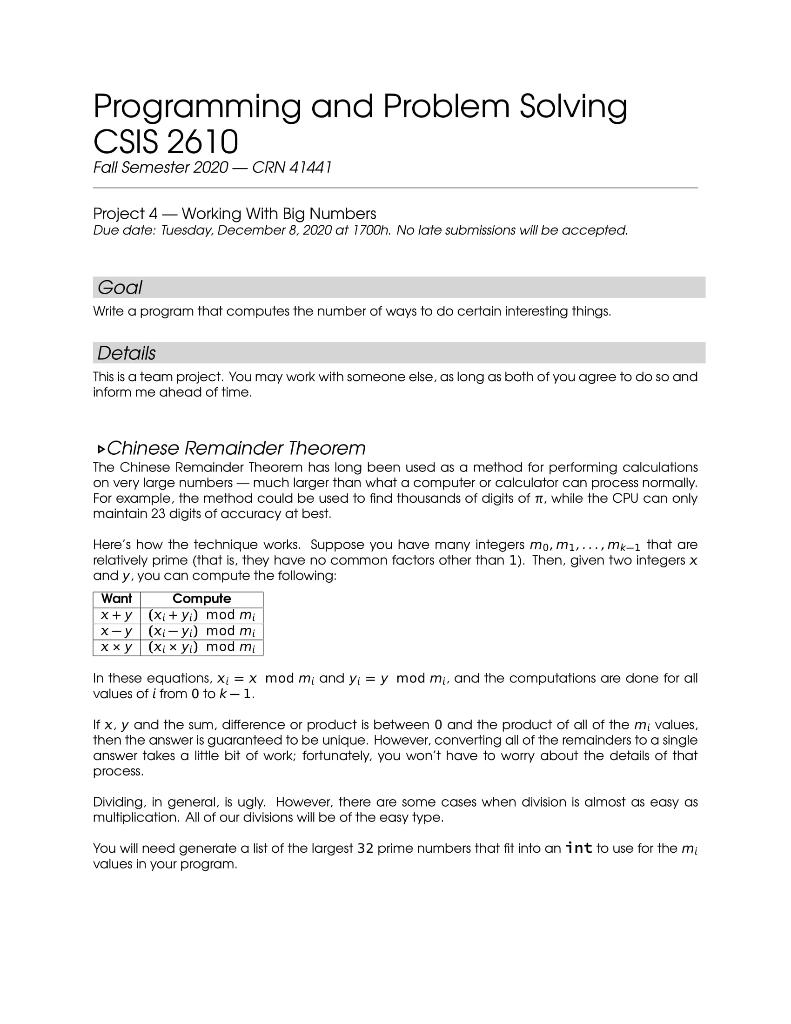 Programming and Problem Solving CSIS 2610 Fall | Chegg.com
