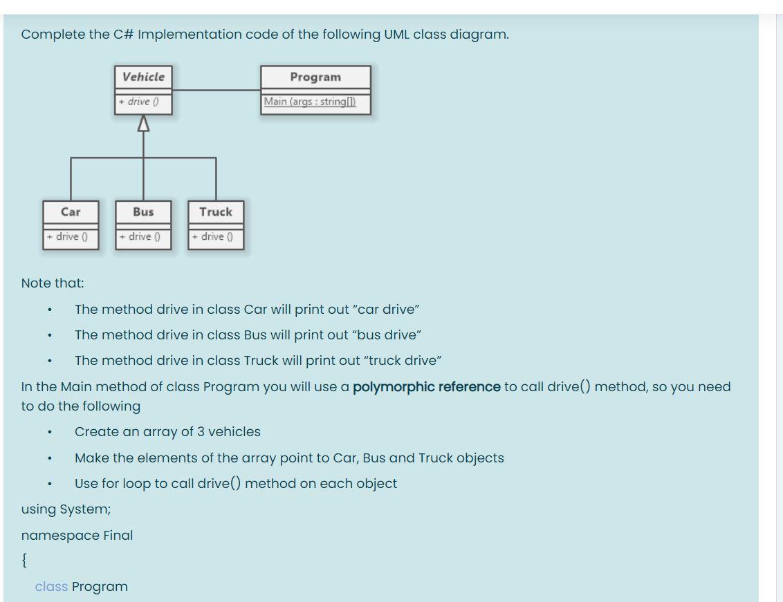 Solved Complete the C# Implementation code of the following | Chegg.com