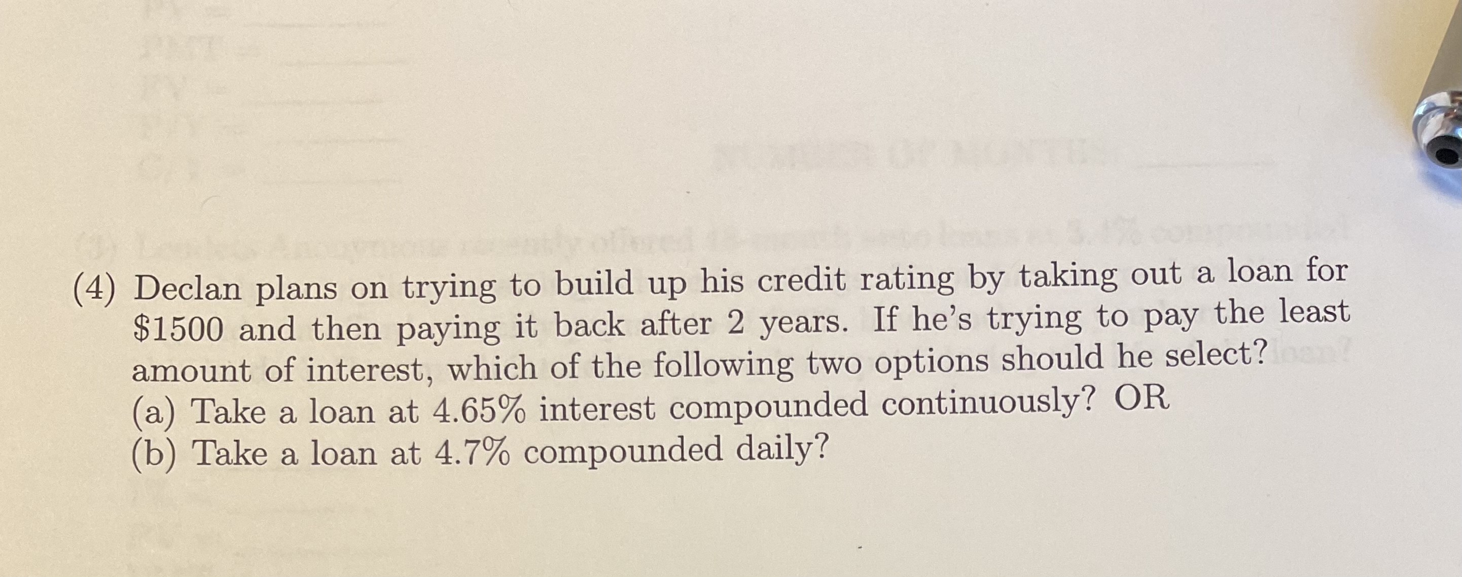 Solved (4) Declan plans on trying to build up his credit | Chegg.com
