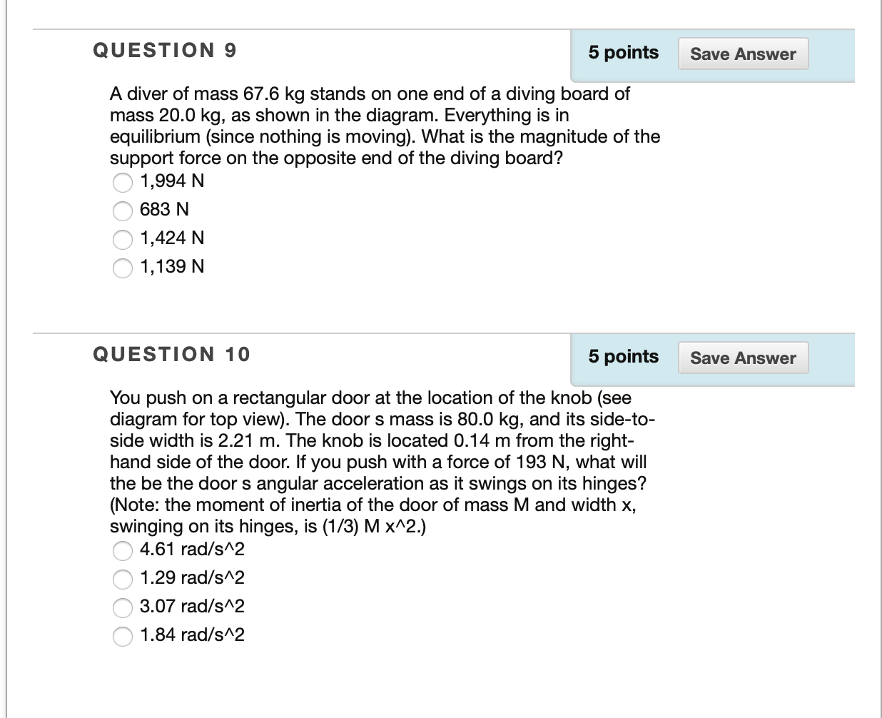 Solved QUESTION 9 5 points Save Answer A diver of mass 67.6 | Chegg.com