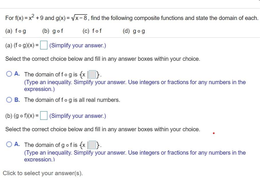Solved For f(x) = x2 + 9 and g(x)= VX-8, find the following | Chegg.com