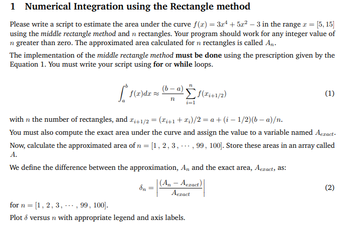 Solved 2= 1 Numerical Integration using the Rectangle method | Chegg.com