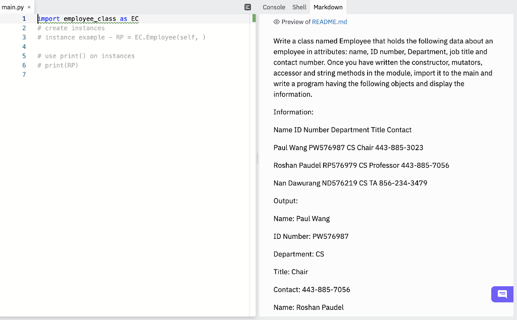 Solved main.py x E Console Shell Markdown 1 2 Preview of | Chegg.com
