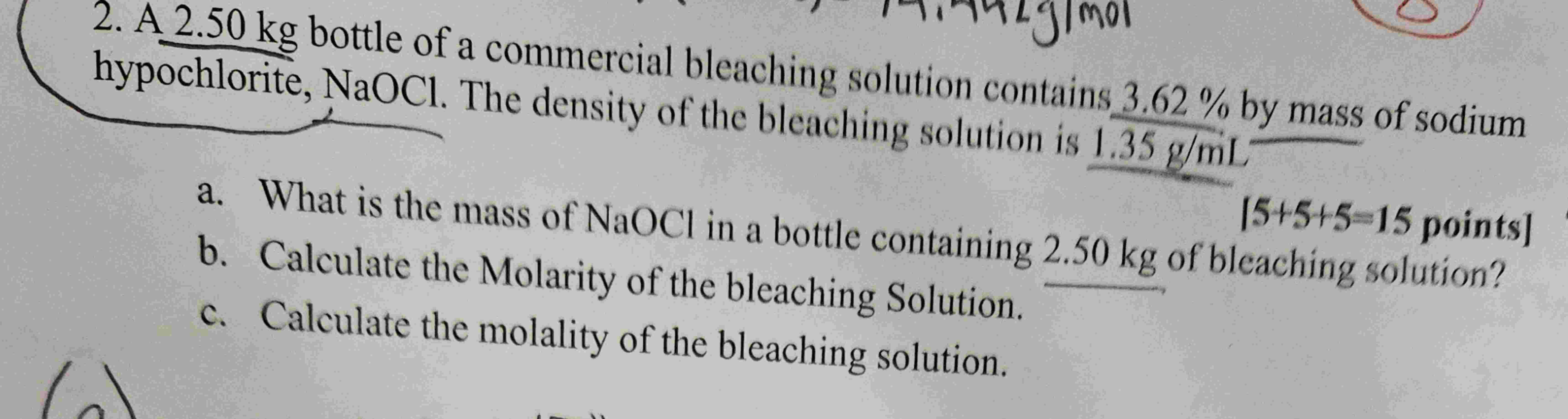 Solved A 2.50kg ﻿bottle of a commercial bleaching solution | Chegg.com