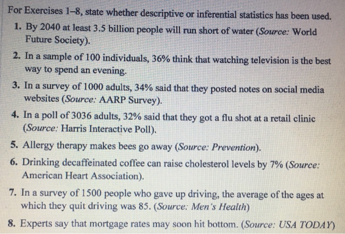 Solved Fo r Exercises 1-8, state whether descriptive or | Chegg.com