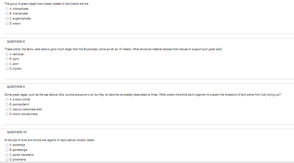 Solved The group of green algae most closely related to land | Chegg.com