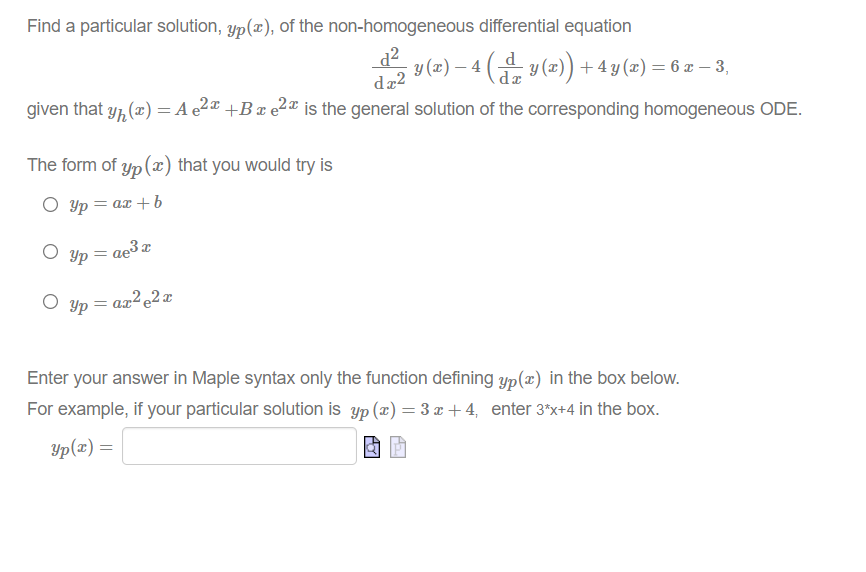 Solved Find a particular solution, yp(2), of the | Chegg.com