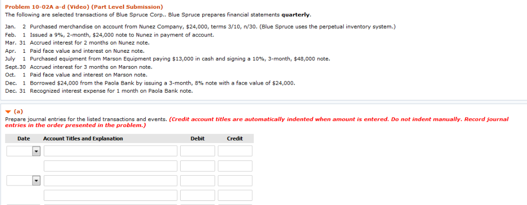 Solved Problem 10-02A a-d (Video) (Part Level Submission) | Chegg.com