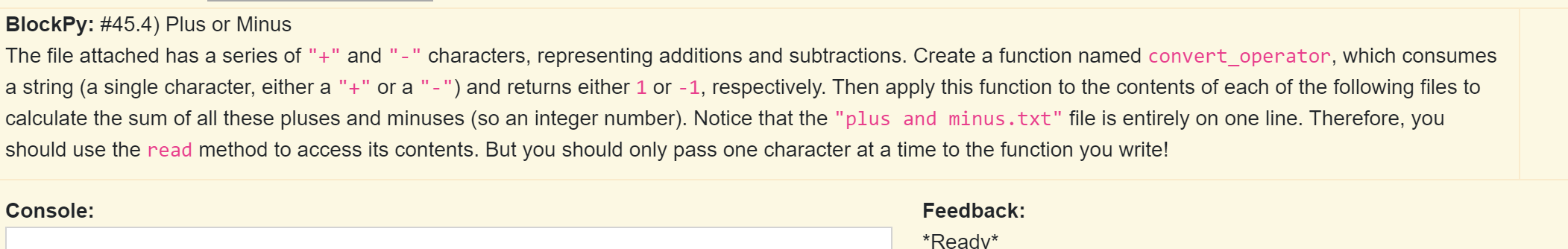 Solved BlockPy: #45.4) Plus or Minus The file attached has a | Chegg.com