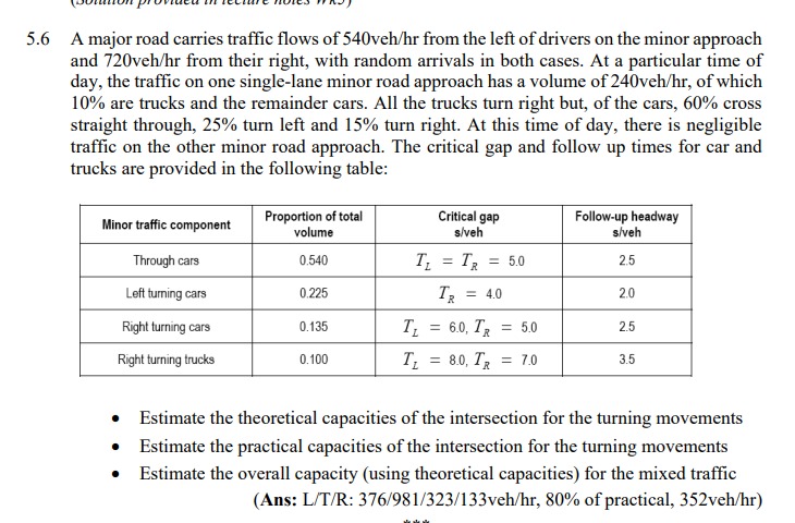 Solved A major road carries traffic flows of 540veh/hr from | Chegg.com