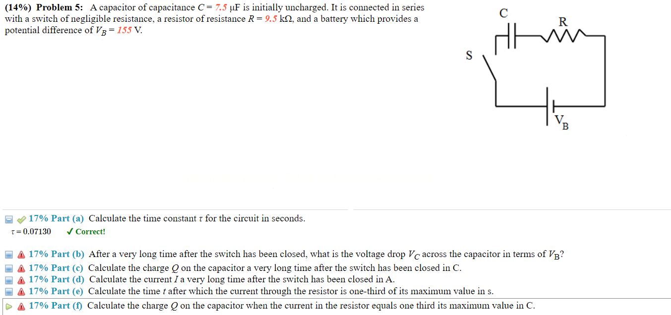 Solved (14\%) Problem 5: A capacitor of capacitance C=7.5μF | Chegg.com