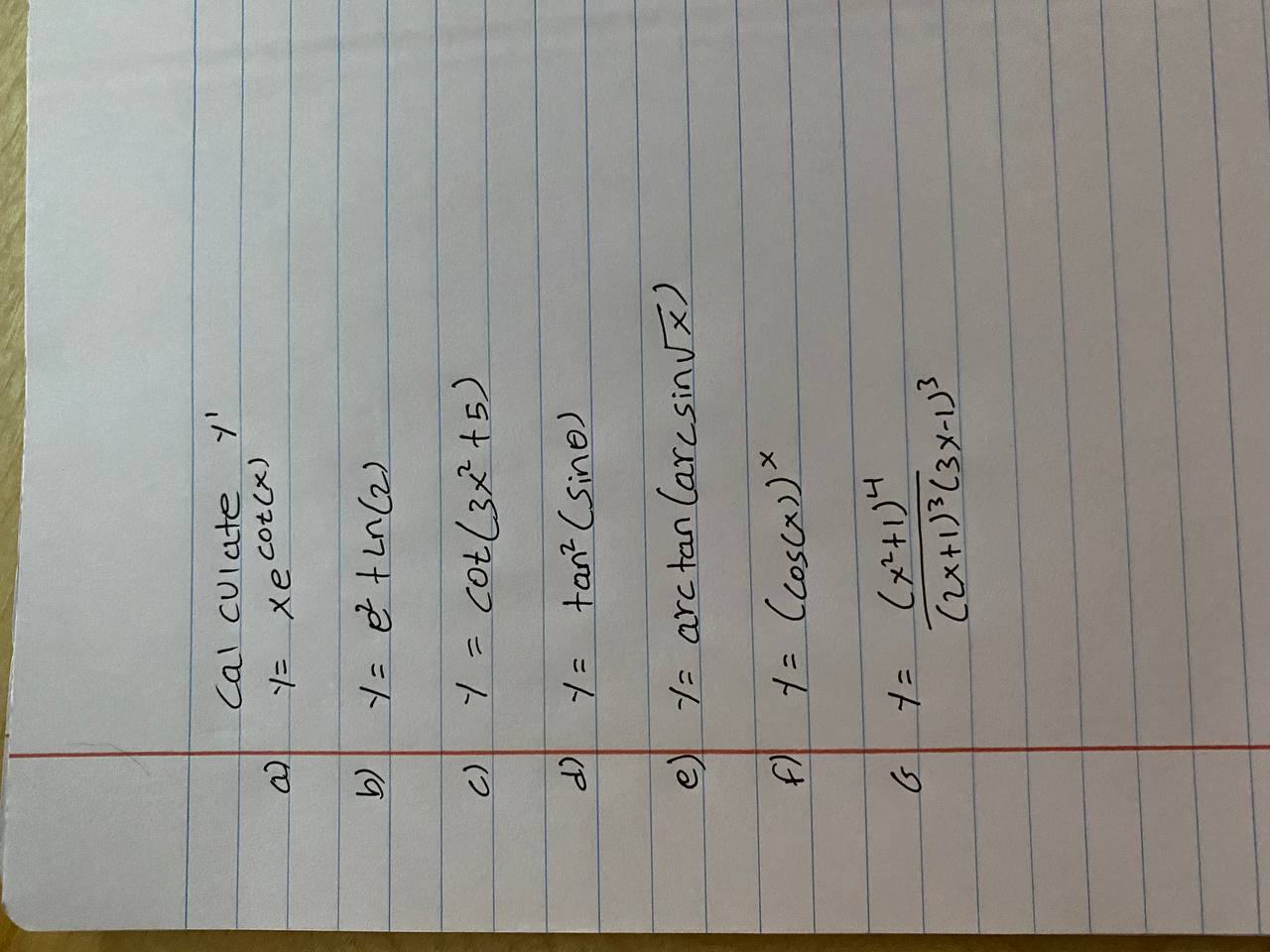 Solved Cal culate y′ a) y=xecot(x) b) y=e2+ln(2) c) | Chegg.com