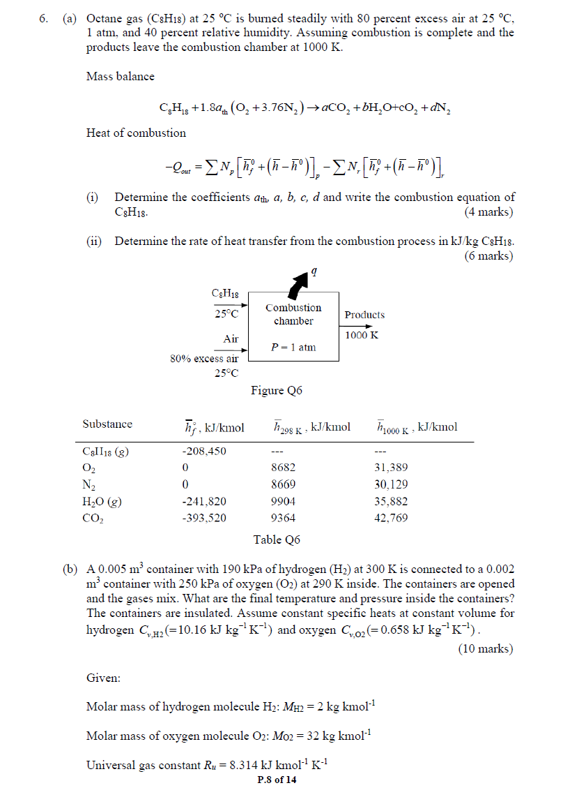 Solved 6. (a) Octane gas (C8H18) at 25 °C is burned steadily | Chegg.com