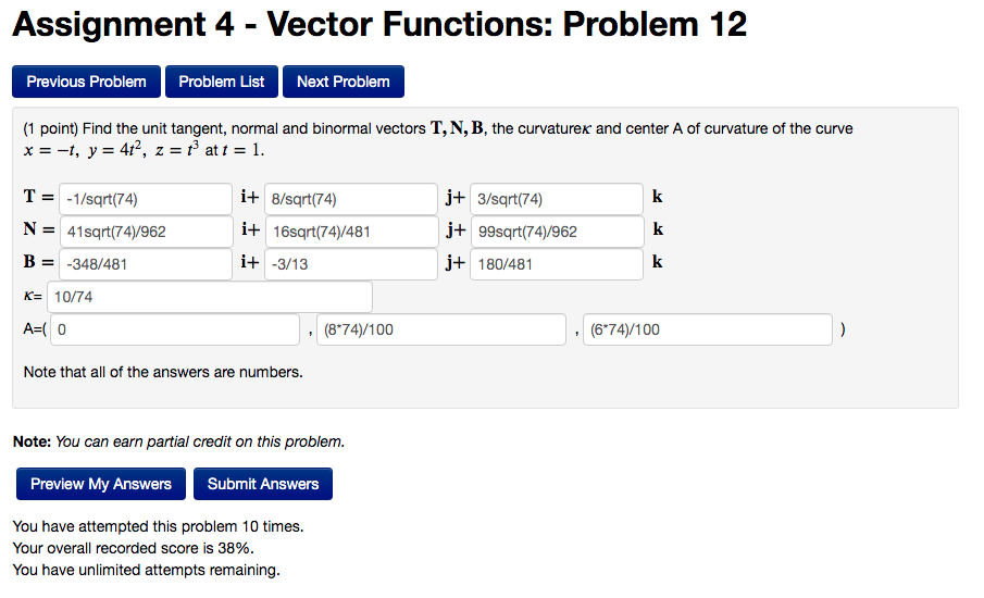 Solved Assignment 4 - Vector Functions: Problem 12 Previous | Chegg.com