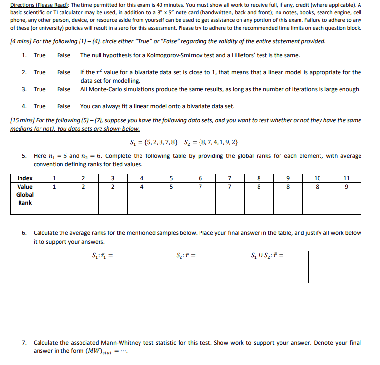 Directions (Please Read): The time permitted for this | Chegg.com