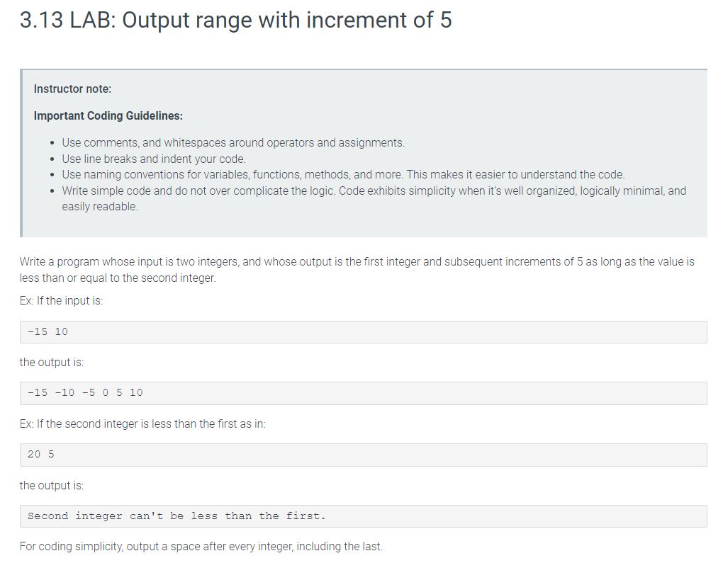 Solved IN C++ ﻿PLEASE 3.13 ﻿LAB: Output range with increment | Chegg.com