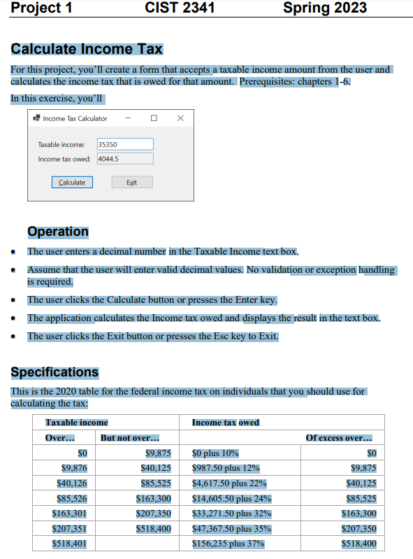 Solved Calculate Income Tax For this project, you'll create | Chegg.com