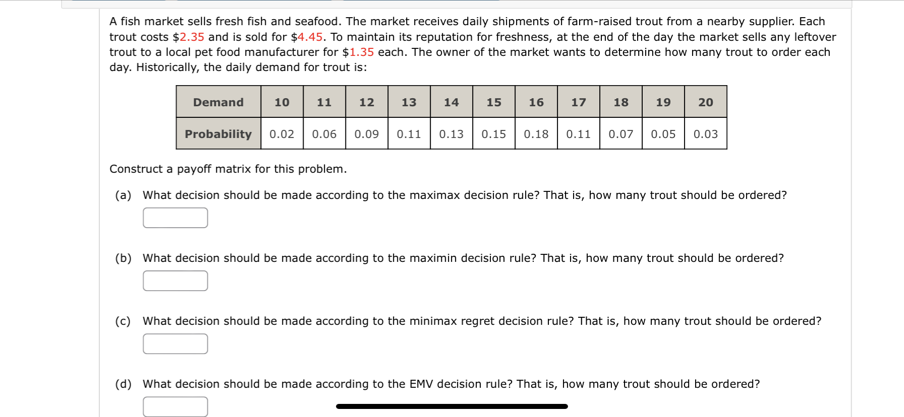 Solved A fish market sells fresh fish and seafood. The | Chegg.com