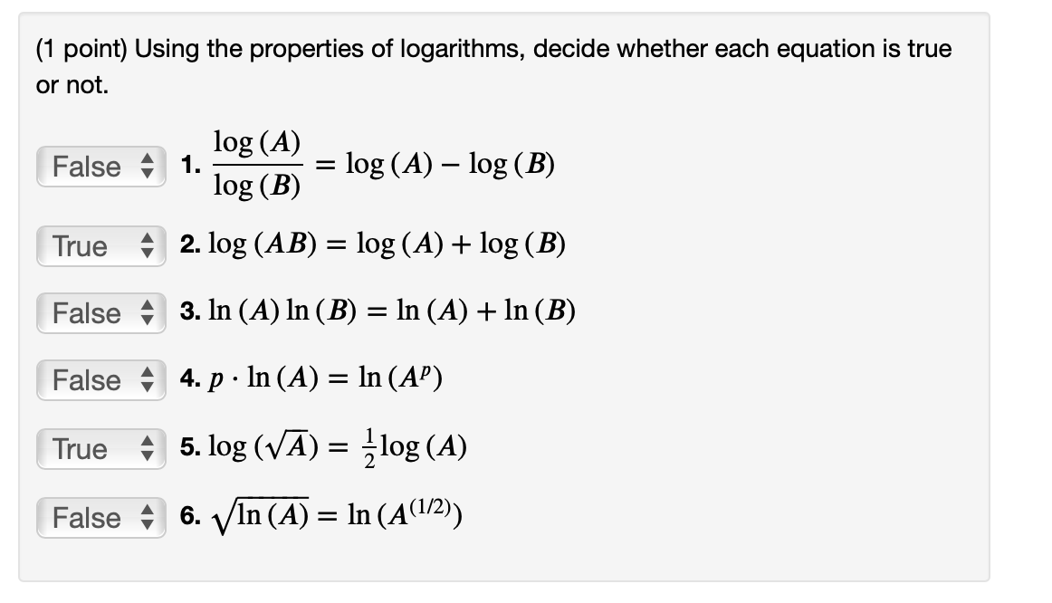 Solved (1 point) Using the properties of logarithms, decide | Chegg.com