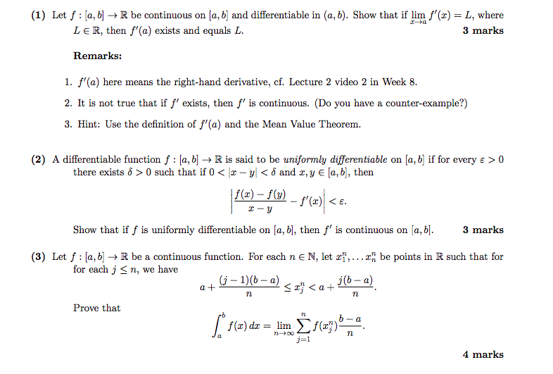 Solved (1) Let f : [a, b] + R be continuous on (a, b) and | Chegg.com