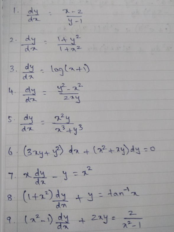 Solved 1. dxdy=y−1x−2 2. dxdy=1+x21+y2 3. dxdy=log(x+1) 4. | Chegg.com