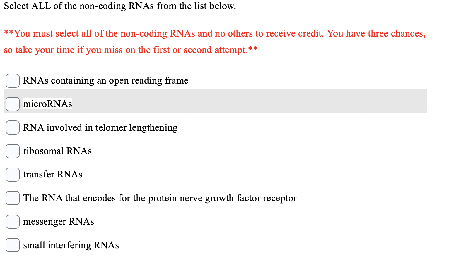 Solved Select ALL of the non-coding RNAs from the list | Chegg.com