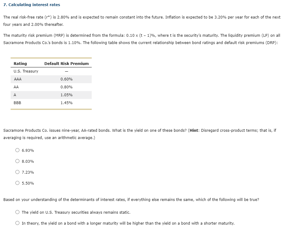 Solved 7. Calculating interest rates The real risk-free rate | Chegg.com