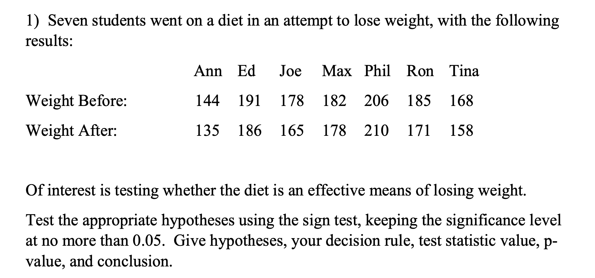 Solved 1) Seven students went on a diet in an attempt to | Chegg.com