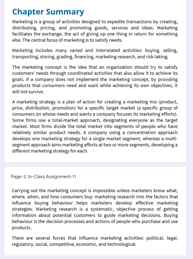 Solved Chapter Summary Marketing is a group of activities | Chegg.com