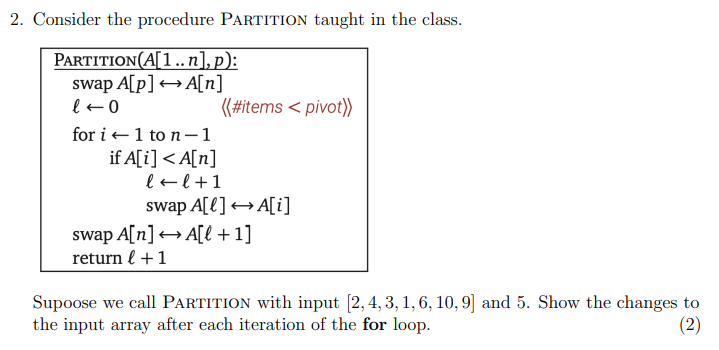 Solved 2. Consider the procedure PARTITION taught in the | Chegg.com