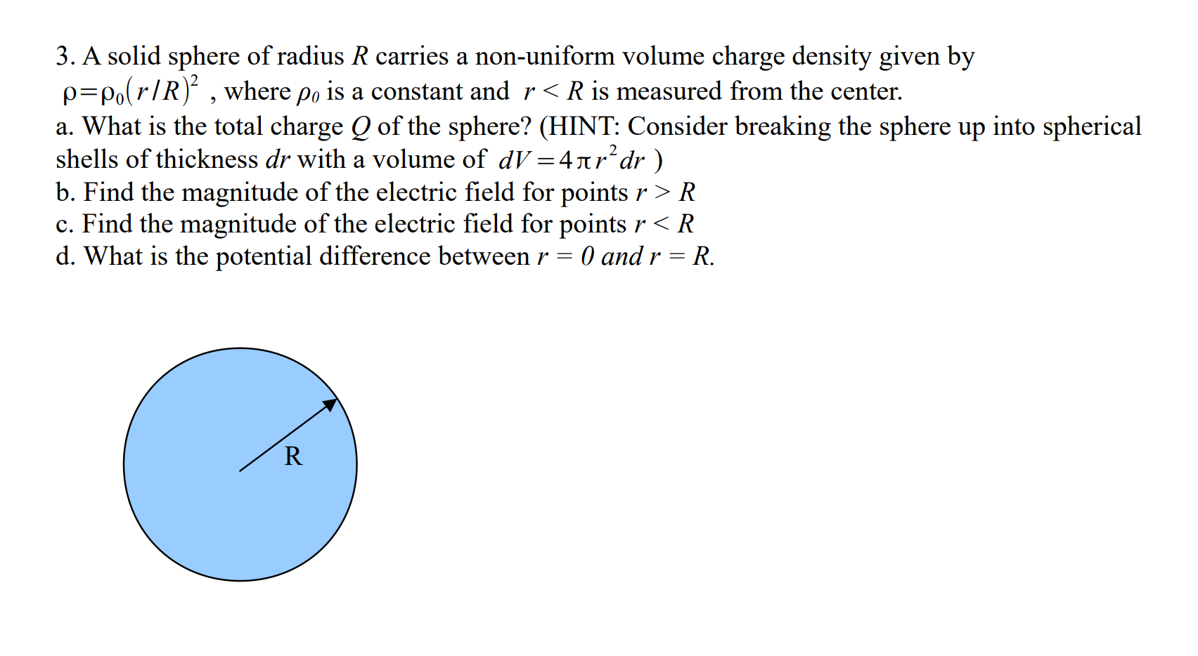 Solved 3. A solid sphere of radius R carries a non-uniform | Chegg.com